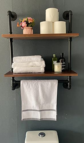 MEYRUOXI Pipe Shelves Industrial Pipe Shelving Industrial Bathroom Shelves with Towel bar,24 in Rustic Metal Pipe Floating Shelves Pipe Wall Shelf,2 Tier Industrial Shelf Wall Mounted with Hook