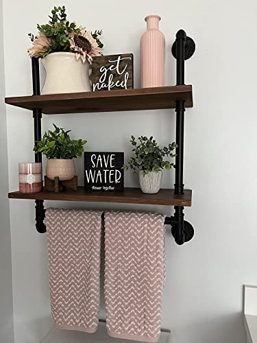 MEYRUOXI Pipe Shelves Industrial Pipe Shelving Industrial Bathroom Shelves with Towel bar,24 in Rustic Metal Pipe Floating Shelves Pipe Wall Shelf,2 Tier Industrial Shelf Wall Mounted with Hook