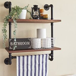 MEYRUOXI Pipe Shelves Industrial Pipe Shelving Industrial Bathroom Shelves with Towel bar,24 in Rustic Metal Pipe Floating Shelves Pipe Wall Shelf,2 Tier Industrial Shelf Wall Mounted with Hook