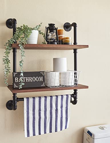 MEYRUOXI Pipe Shelves Industrial Pipe Shelving Industrial Bathroom Shelves with Towel bar,24 in Rustic Metal Pipe Floating Shelves Pipe Wall Shelf,2 Tier Industrial Shelf Wall Mounted with Hook