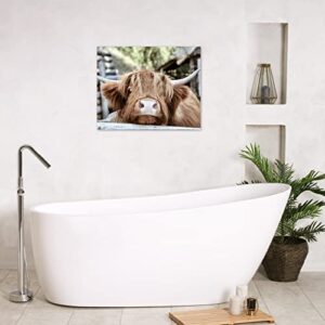 LB Highland Cow Canvas Wall Art Funny Farm Brown Bull Canvas Prints Rustic Animal Cattle Artwork Country Modern Painting Picture Poster for Bathroom Bedroom Living Room Wall Decor,16x12 Inch