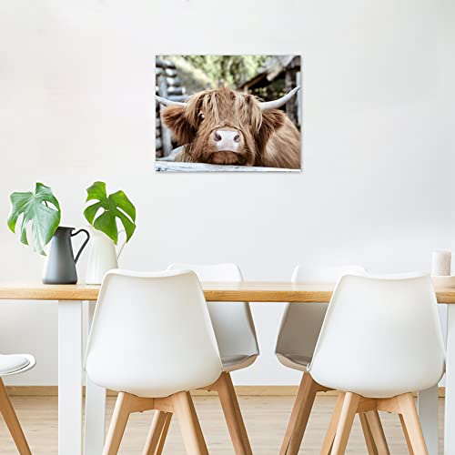 LB Highland Cow Canvas Wall Art Funny Farm Brown Bull Canvas Prints Rustic Animal Cattle Artwork Country Modern Painting Picture Poster for Bathroom Bedroom Living Room Wall Decor,16x12 Inch