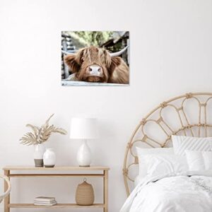 LB Highland Cow Canvas Wall Art Funny Farm Brown Bull Canvas Prints Rustic Animal Cattle Artwork Country Modern Painting Picture Poster for Bathroom Bedroom Living Room Wall Decor,16x12 Inch