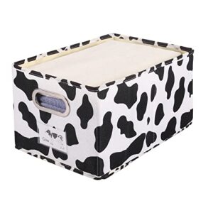 anminy fabric storage bin cow print cotton linen foldable open storage basket box with handles pp plastic board label window decorative washable desktop closet shelf organizer container – medium