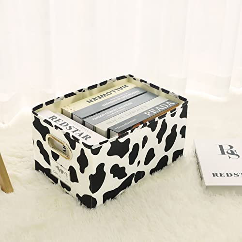 ANMINY Fabric Storage Bin Cow Print Cotton Linen Foldable Open Storage Basket Box with Handles PP Plastic Board Label Window Decorative Washable Desktop Closet Shelf Organizer Container - Medium