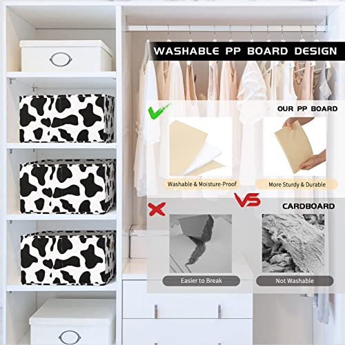 ANMINY Fabric Storage Bin Cow Print Cotton Linen Foldable Open Storage Basket Box with Handles PP Plastic Board Label Window Decorative Washable Desktop Closet Shelf Organizer Container - Medium