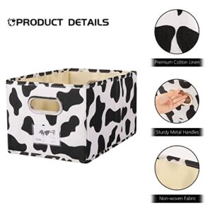 ANMINY Fabric Storage Bin Cow Print Cotton Linen Foldable Open Storage Basket Box with Handles PP Plastic Board Label Window Decorative Washable Desktop Closet Shelf Organizer Container - Medium