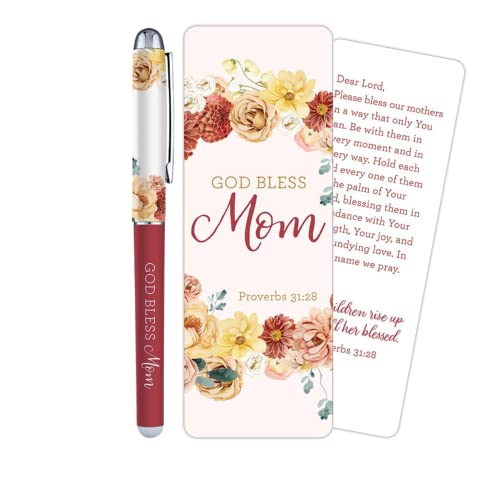 Mothers Day Pen and Bookmark Gift Set, God Bless Mom Inspirational Cardstock Prayer Card Page Tracker and Journaling Accessories, Catholic Keepsake for Women, 5.5 inches