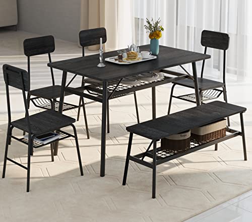 Bealife Dining Table Set for 6 with Bench, 6 Piece Dinette Set W/Chairs for Small Space, Kitchen Table and Chairs for 6 with Rectangular Table, Bench, 4 Chairs, Storage Rack, Steel Frame - Black