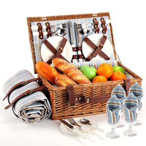 hybdamai willow picnic basket set for 4 persons with waterproof picnic blanket, wicker picnic basket for camping, outdoors, valentine’s day, christmas, thanksgiving, birthday