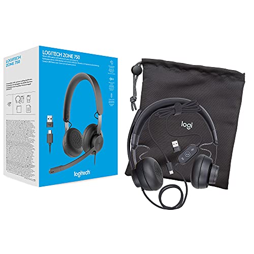 Logitech Zone 750 Wired On-Ear Headset with Advanced Noise-canceling Microphone, Simple USB-C and Included USB-A Adapter, Plug-and-Play Compatibility for All Devices