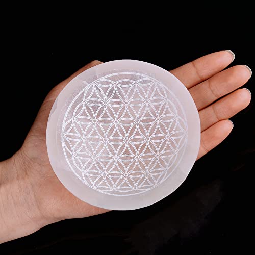 CNYANFEI 4” Flower of Life Etched Selenite Bowl for Charging Selenite Tray Natural Crystal Holder Bowl White Satin Spar Crystal Decorative Stone Bowl for Jewelry Storage Gemstone Altar Decor