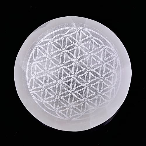 CNYANFEI 4” Flower of Life Etched Selenite Bowl for Charging Selenite Tray Natural Crystal Holder Bowl White Satin Spar Crystal Decorative Stone Bowl for Jewelry Storage Gemstone Altar Decor