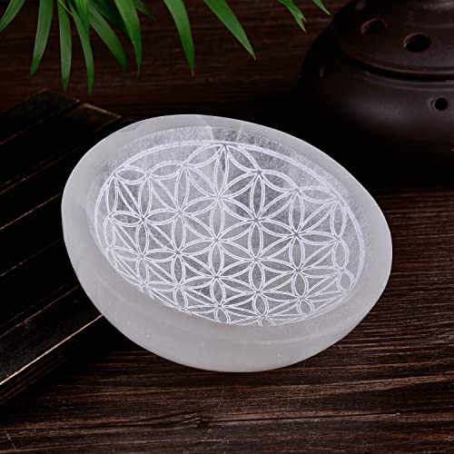 CNYANFEI 4” Flower of Life Etched Selenite Bowl for Charging Selenite Tray Natural Crystal Holder Bowl White Satin Spar Crystal Decorative Stone Bowl for Jewelry Storage Gemstone Altar Decor