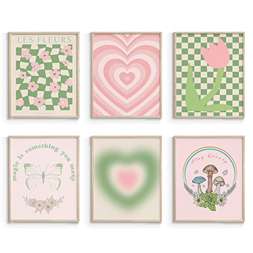 InSimSea Green and Pink Wall Art Set for Living Room, Danish Pastel Aesthetic Room Decor, Abstract Home Wall Art Decorations for Living Room, 8X10in,UNFRAMED