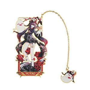 genshin impact figure metal bookmark, hot adventure game venti, yun jin, tartaglia, zhongli bookmark with chain, anime gift for women fans teacher kids book lovers (hutao)