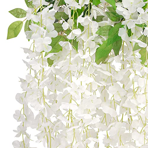 CEWOR 24pcs Wisteria Hanging Flowers 3.7 Ft Artificial Flowers Wisteria Vine Fake Flowers Hanging Garland Silk Flowers String for Wedding Party Garden Outdoor Greenery Home Wall Decoration (White)