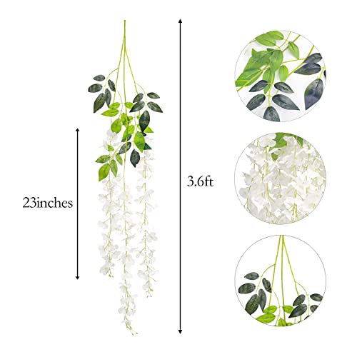 CEWOR 24pcs Wisteria Hanging Flowers 3.7 Ft Artificial Flowers Wisteria Vine Fake Flowers Hanging Garland Silk Flowers String for Wedding Party Garden Outdoor Greenery Home Wall Decoration (White)