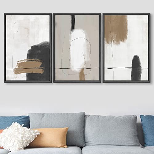 SIGNFORD Framed Canvas Print Wall Art Set Grunge Brown White Paint Strokes Abstract Shapes Illustrations Modern Art Bohemian Nordic Relax/Calm for Living Room, Bedroom, Office - 24"x36"x3 Black