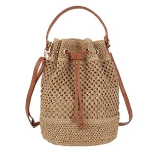 women small hollow out straw woven drawstring crossbody bag top-handle bag bucket bag