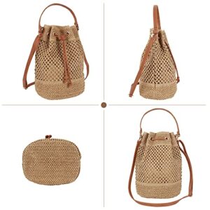 Women Small Hollow Out Straw Woven Drawstring Crossbody Bag Top-handle Bag Bucket Bag