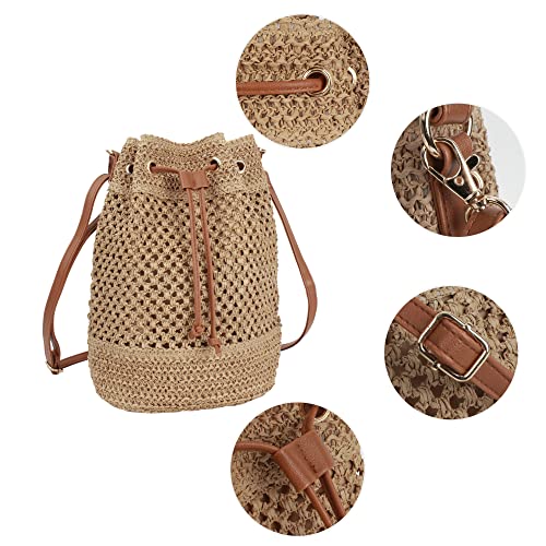 Women Small Hollow Out Straw Woven Drawstring Crossbody Bag Top-handle Bag Bucket Bag