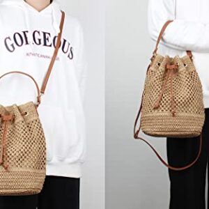 Women Small Hollow Out Straw Woven Drawstring Crossbody Bag Top-handle Bag Bucket Bag