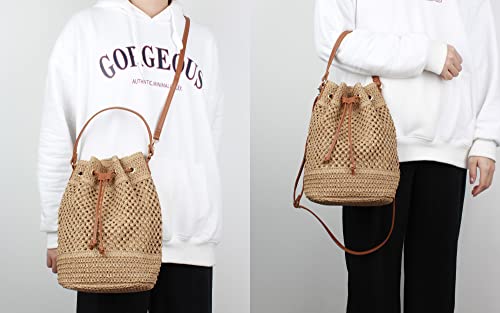 Women Small Hollow Out Straw Woven Drawstring Crossbody Bag Top-handle Bag Bucket Bag