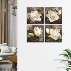 brown wall art brown flower canvas print for bathroom living room kitchen decor rustic brown wall decor white flowers magnolia floral canvas print art 12x12inchx4pcs