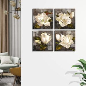 Brown Wall Art Brown Flower Canvas Print for Bathroom Living Room Kitchen Decor Rustic Brown Wall Decor White Flowers Magnolia Floral Canvas Print Art 12x12inchx4pcs