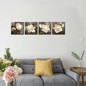 Brown Wall Art Brown Flower Canvas Print for Bathroom Living Room Kitchen Decor Rustic Brown Wall Decor White Flowers Magnolia Floral Canvas Print Art 12x12inchx4pcs