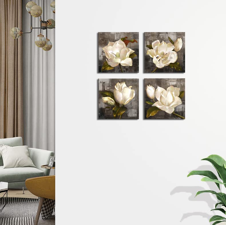 Brown Wall Art Brown Flower Canvas Print for Bathroom Living Room Kitchen Decor Rustic Brown Wall Decor White Flowers Magnolia Floral Canvas Print Art 12x12inchx4pcs