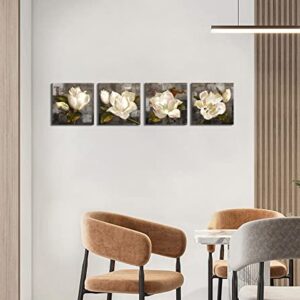 Brown Wall Art Brown Flower Canvas Print for Bathroom Living Room Kitchen Decor Rustic Brown Wall Decor White Flowers Magnolia Floral Canvas Print Art 12x12inchx4pcs