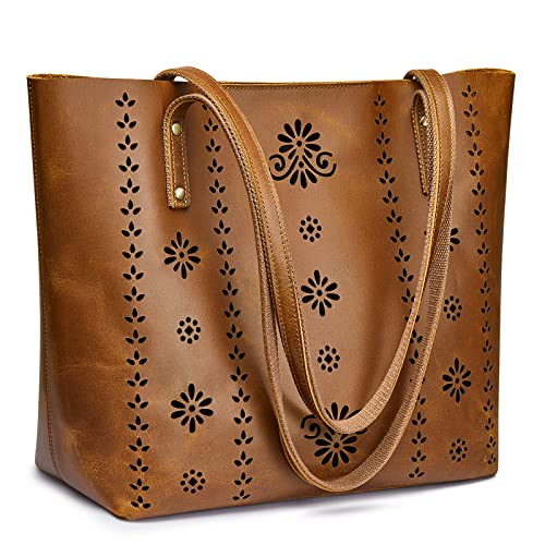 Kattee Women Genuine Leather Tote Bags Shoulder Purses Vintage Handbags Top Handle Work Bags Thick Full Grain (Light Brown)