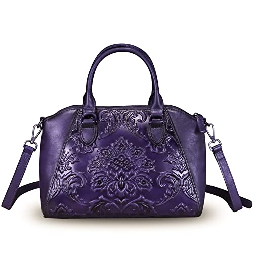 Genuine Leather Satchel for Women Top Handle Bags Handmade Purse Vintage Embossed Leather Crossbody Handbags Hobo Bag (Purple)