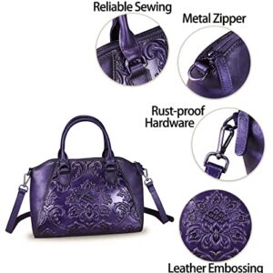 Genuine Leather Satchel for Women Top Handle Bags Handmade Purse Vintage Embossed Leather Crossbody Handbags Hobo Bag (Purple)