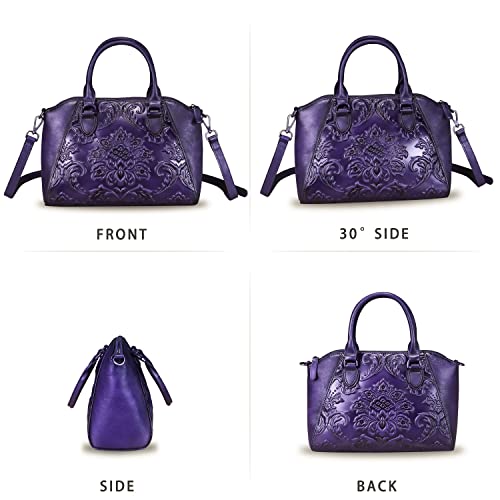 Genuine Leather Satchel for Women Top Handle Bags Handmade Purse Vintage Embossed Leather Crossbody Handbags Hobo Bag (Purple)