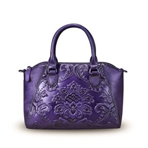 Genuine Leather Satchel for Women Top Handle Bags Handmade Purse Vintage Embossed Leather Crossbody Handbags Hobo Bag (Purple)