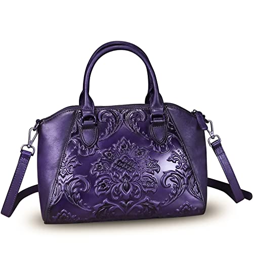 Genuine Leather Satchel for Women Top Handle Bags Handmade Purse Vintage Embossed Leather Crossbody Handbags Hobo Bag (Purple)