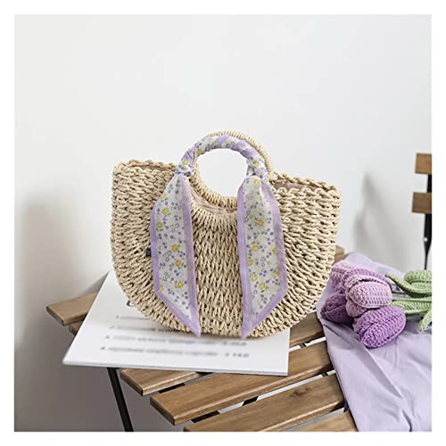 Summer Handmade Woven Rattan Straw Bag Round Handle Purple Tote Beach Vacation Female Semicircle Handbag (Color : B, Size : One Size)