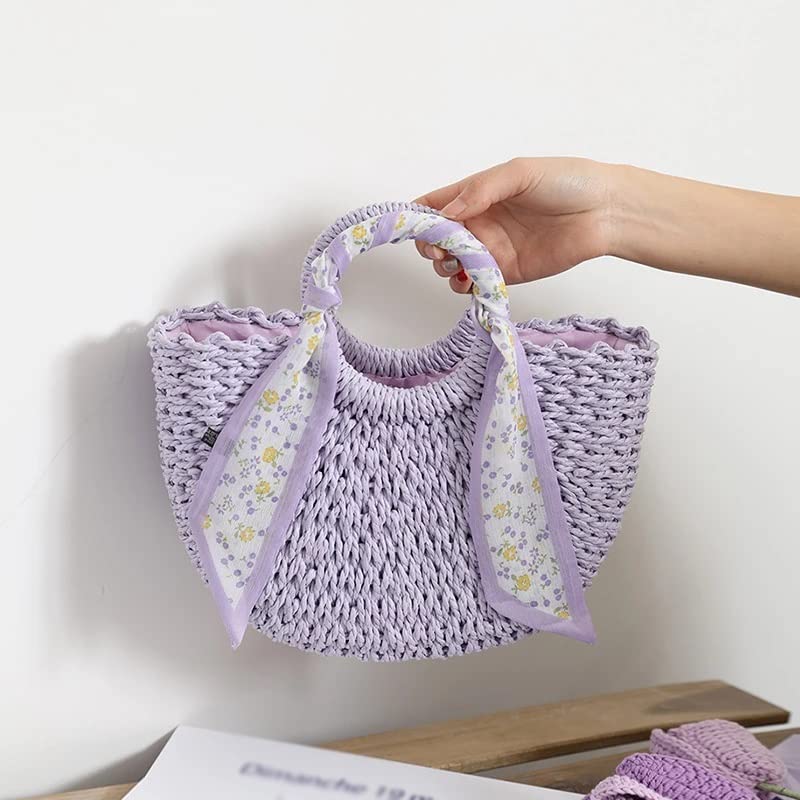 Summer Handmade Woven Rattan Straw Bag Round Handle Purple Tote Beach Vacation Female Semicircle Handbag (Color : B, Size : One Size)