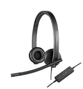 logitech h570e wired headset, stereo headphones with noise-cancelling microphone, usb, in-line controls with mute button, indicator led, pc/mac/laptop – black