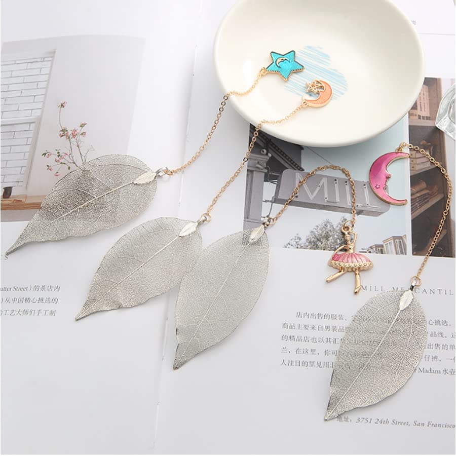 ARFUKA Bookmarks Leaf Bookmarks Metal Leaf with Cute Pendant Reading Book Markers Gifts for Women, Kids, Teens Girls, Readers and Book Lovers Pack of 4