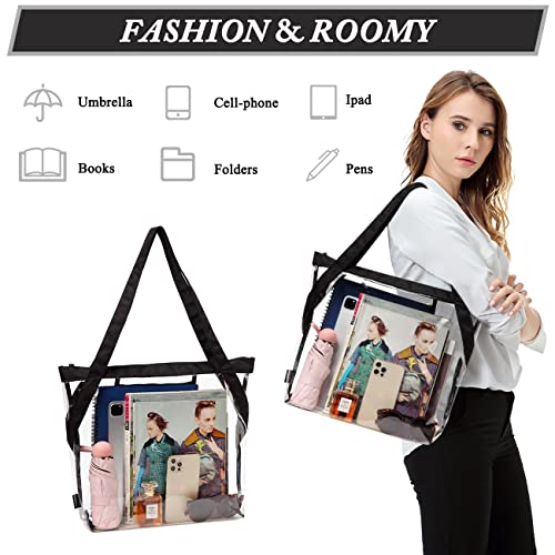 VASCHY Clear Tote Bag for Women, Heavy Duty Stadium Approved Transparent See Through Bag Purse for Work,Sports,Concert Black