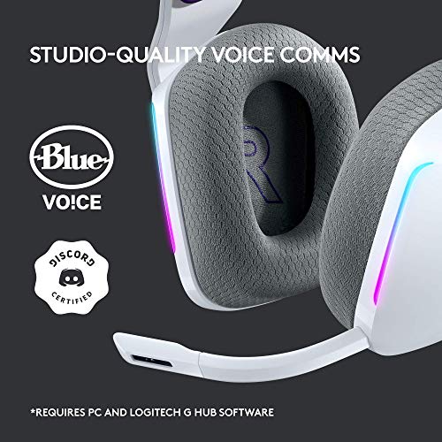 Logitech G733 Lightspeed Wireless Gaming Headset with Suspension Headband, LIGHTSYNC RGB, Blue VO!CE mic Technology and PRO-G Audio Drivers - White (Renewed)