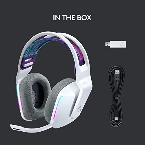 Logitech G733 Lightspeed Wireless Gaming Headset with Suspension Headband, LIGHTSYNC RGB, Blue VO!CE mic Technology and PRO-G Audio Drivers - White (Renewed)