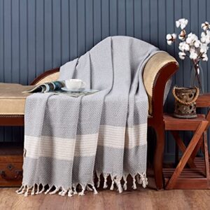 Aegean Concept Blanket, Vintage Boho Rustic 100% Cotton Super Soft 63"x47" (160 cm x 120 cm) Throw Size, Adult Turkish Muslin Light Bedcover Bedspread Throw Blankets, (Light Grey)