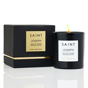 SAINT Joseph Scented Candle with Prayer, Prayer Coin, and Holy Oil, Saint of Fathers and Real Estate, Soy Coconut Aromatherapy Candle with 50 Hour Burn Time