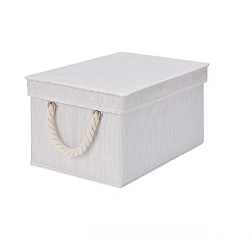 Storage Works Foldable Fabric Storage Bin w/Cotton Rope Handles & Lid, Ivory (11L), 2-Pack