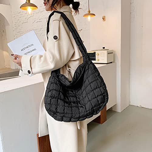 Women Puffer Bag Crossbody Bag Quilted Bags Luxury Shoulder Bag Tote Top Handle Bags Puffy Shoulder Bag for Autumn Winter (Black)